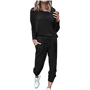 DOLKFU prime big deal days two piece sets for women Women's Hoodies Tracksuit Casual Long Sleeve Sweatshirts High Waist Jogger Pant Loose Fit Fashion 2 Piece Outfits Black S