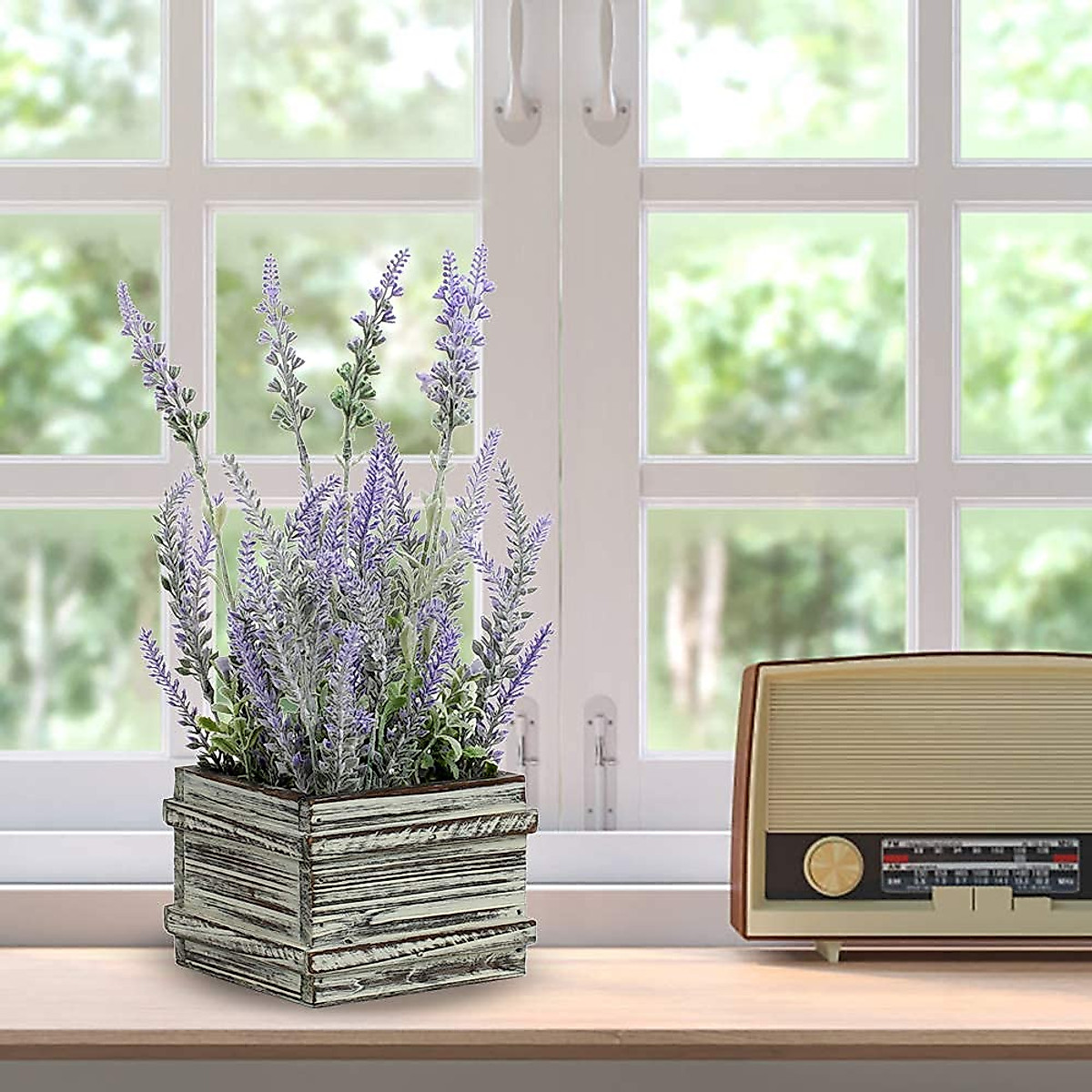 DILATATA Lavender Flowers Artificial Lavender Decor Fake Lavender Plant in Wooden Pot Faux Plants in Pots for Rustic Home Bathroom Table Centerpieces Wedding Decor Potted Lavender Flower Purple Decor