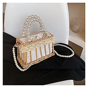 LIUZH Lace Purses Handbags Women Summer Rattan Handmade Tote Bags Ladies Ribbons Beach Basket Bag Pearl Beads