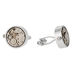 Working Watch Movement Steampunk Cufflinks with Glass Cover - Silver Clock Cuff Links Special Occasions Cufflinks Travel Box in with Travel Jewelry Presentation Box