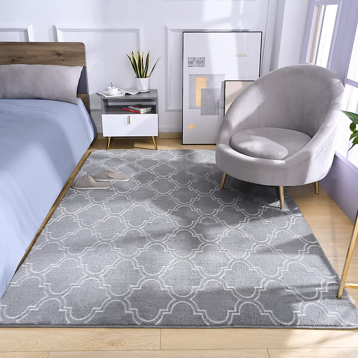 Amearea Fluffy Indoor Area Rug, Soft Trellis Moroccan Rugs for Bedroom, Shag Modern Area Rug for Living Room Kids Room Nursery, Easy Clean, Geometry Home Decor Low Pile Carpet, Light Gray 5x7 Feet
