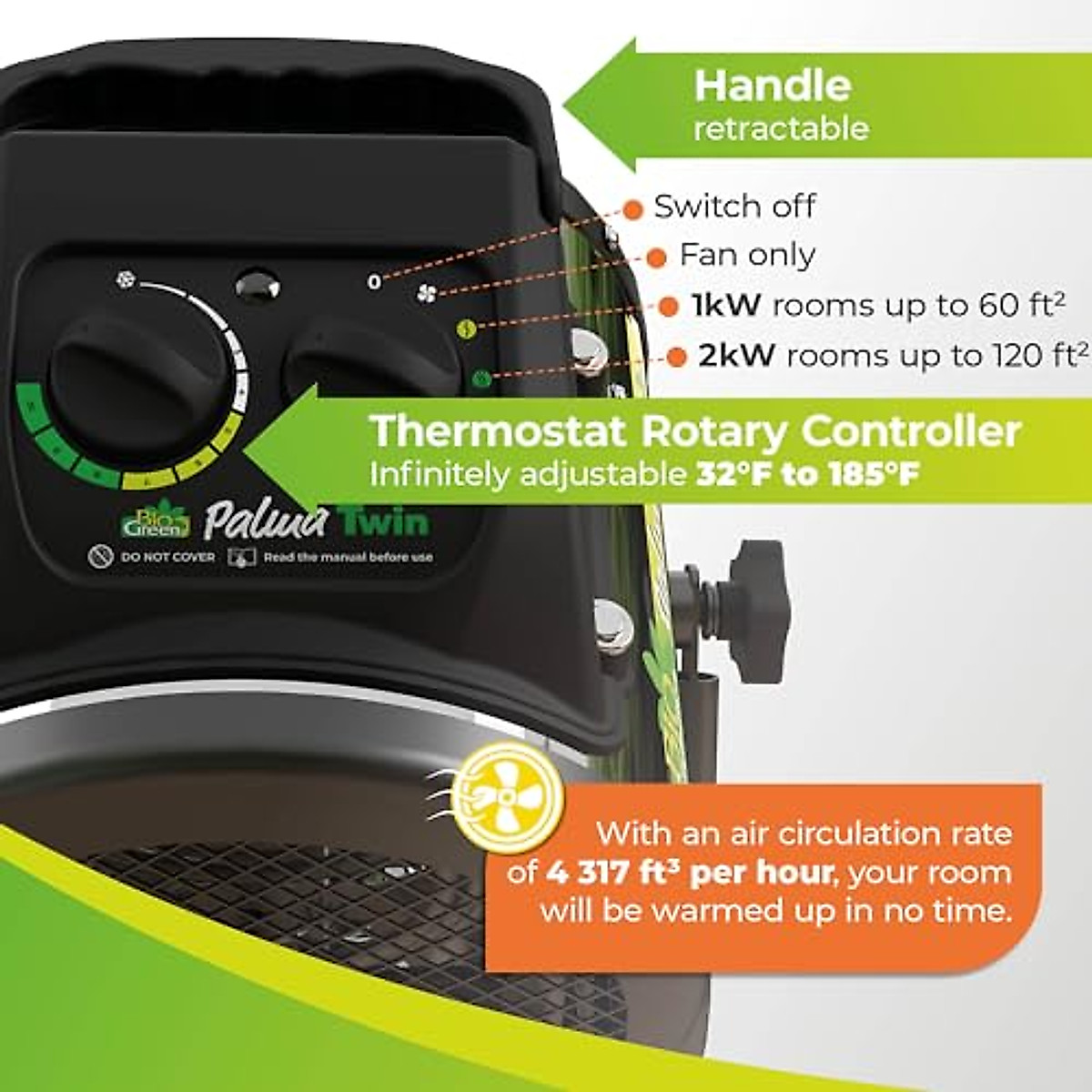 Bio Green PAL 2.0/US Palma BioGreen Basic Electric Fan Heater for Greenhouses, 2 Year Warrenty, 11 x 8 x 12.5" / 280 x 195 x 315 mm