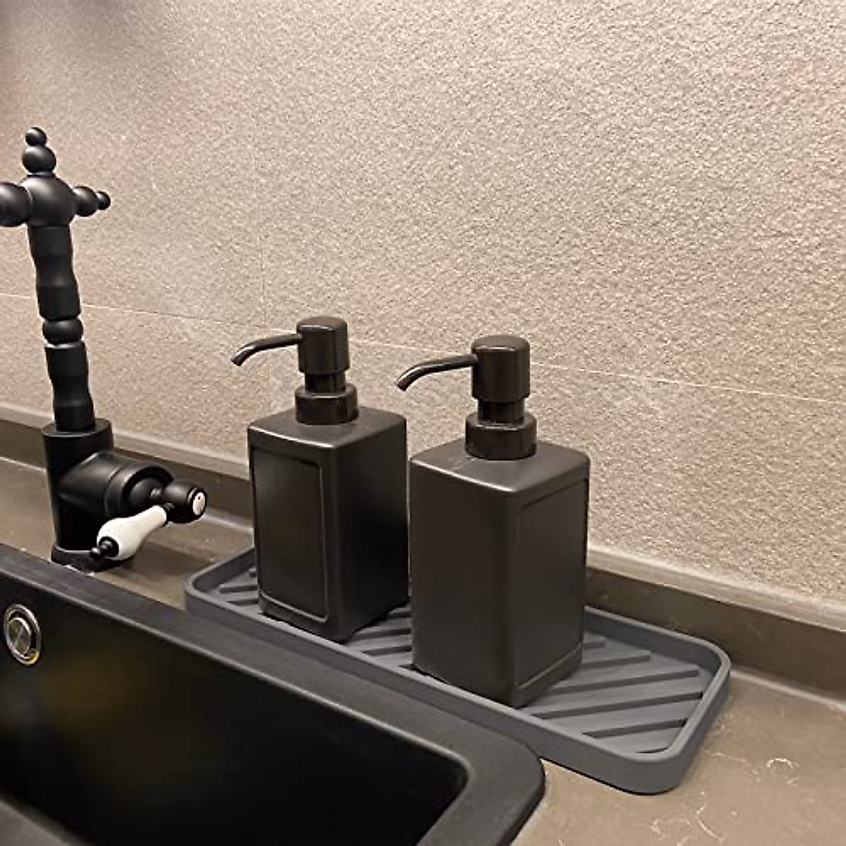 Lenphsco Silicone Kitchen Sink Organizer Tray Extended(12" x 4") Sponge Holder for Kitchen Sink, Bathroom Soap Dispenser Tray (2 Pack, Black)