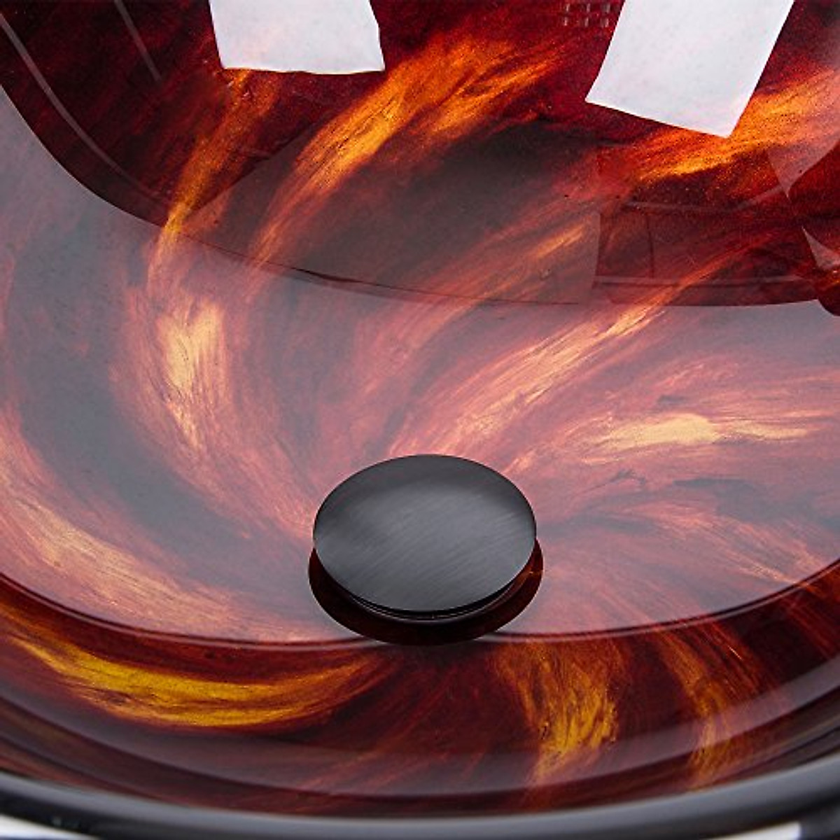 Puluomis Artistic Vessel Sink Bathroom Tempered Glass Vanity Round Bowl with Oil Rubber Bronze Faucet and Pop up drain Combo, Flame Red