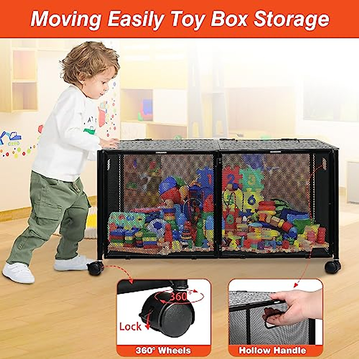 Haturi Large Metal Toy Box Storage, 2 Pack Large Toy Storage and Organizer with Metal Lid, Collapsible Sturdy Toy Organizer with Wheels, Storage Boxes Bins Baskets for Playroom, Living Room, Bedroom