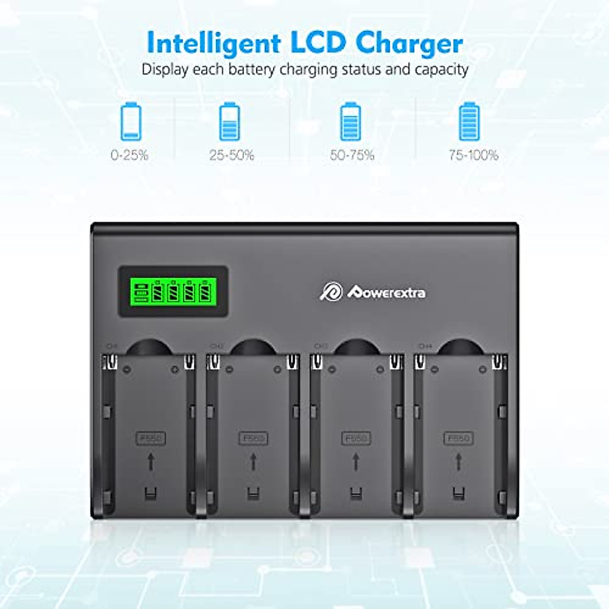 Powerextra 4-Channel Battery Charger with LCD Display for Sony NP-F970, NP-F960, NP-F950, NP-F930, NP-F770, NP-F750, NP-F570, NP-F550 Camera Battery