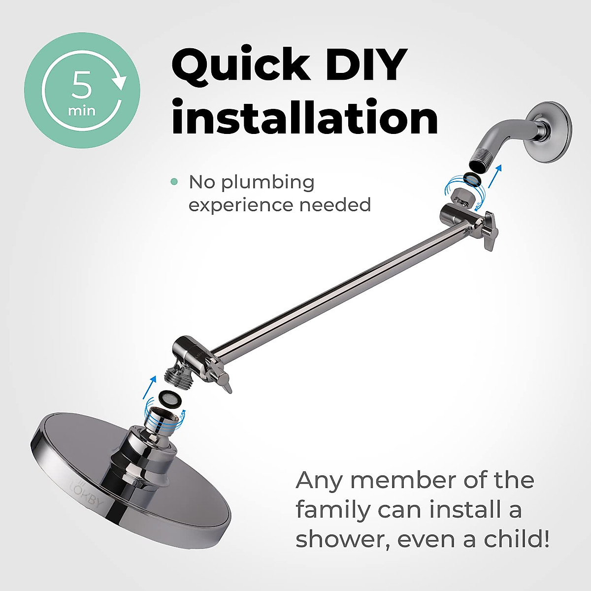 11'' Shower Head Extension Arm by LOKBY - Anti-Leakage Shower Extension Arm - Adjustable Shower Arm Fits Any Rain or Handheld Shower Heads - Shower Head Extension Pipe - Rust Proof Materials - Nickel