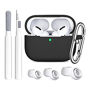 SUPFINE Airpod Pro Case Cover with Keychain, Soft Protective Silicone Airpods Pro Case with Airpod Cleaner kit & Replacement Ear Tips (S/M/L), Black