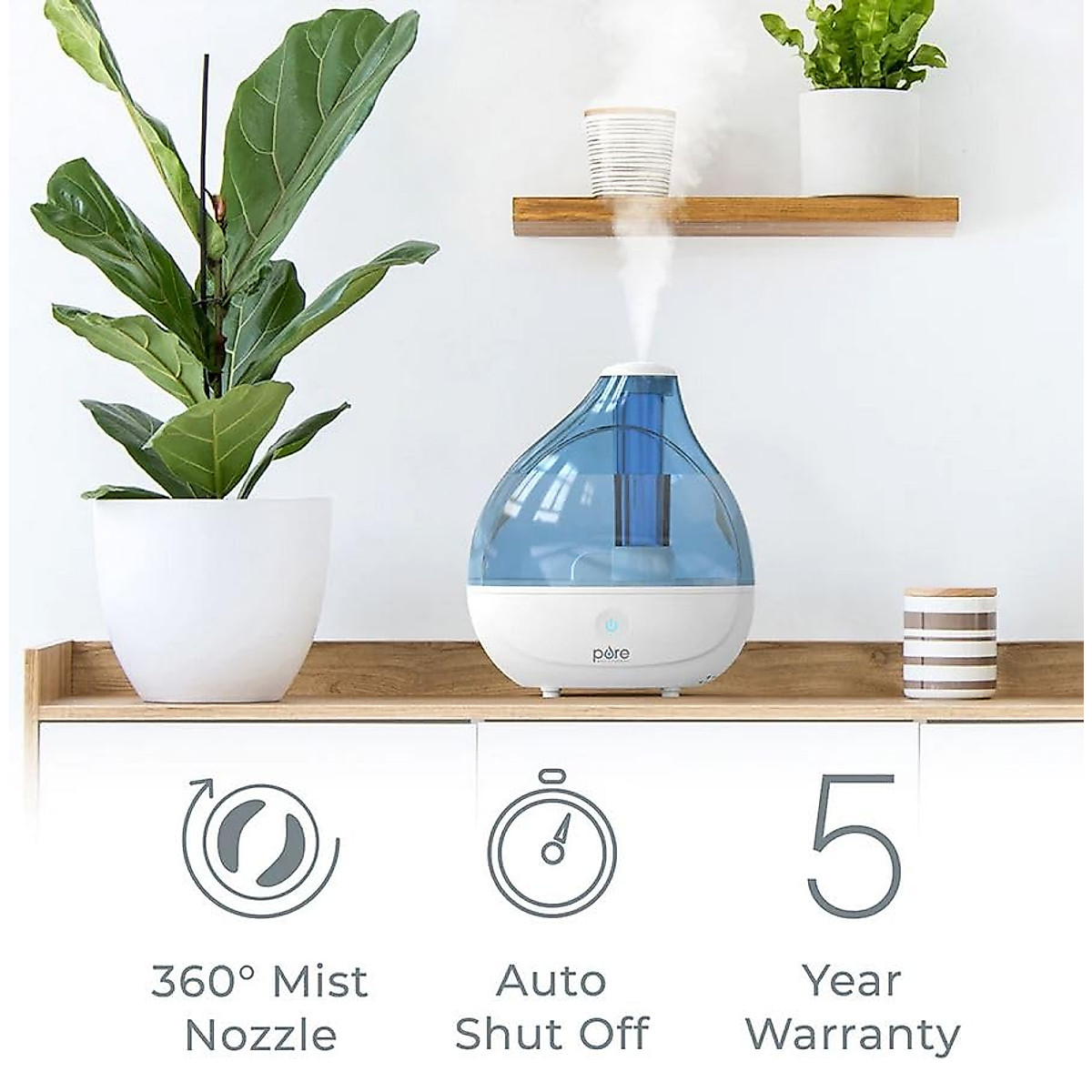 Pure Enrichment® MistAire™ Ultrasonic Cool Mist Humidifier - Quiet Air Humidifier for Bedroom, Nursery, Office, & Indoor Plants - Lasts Up To 25 Hours, 360° Rotation Nozzle, Auto Shut-Off, Night Light