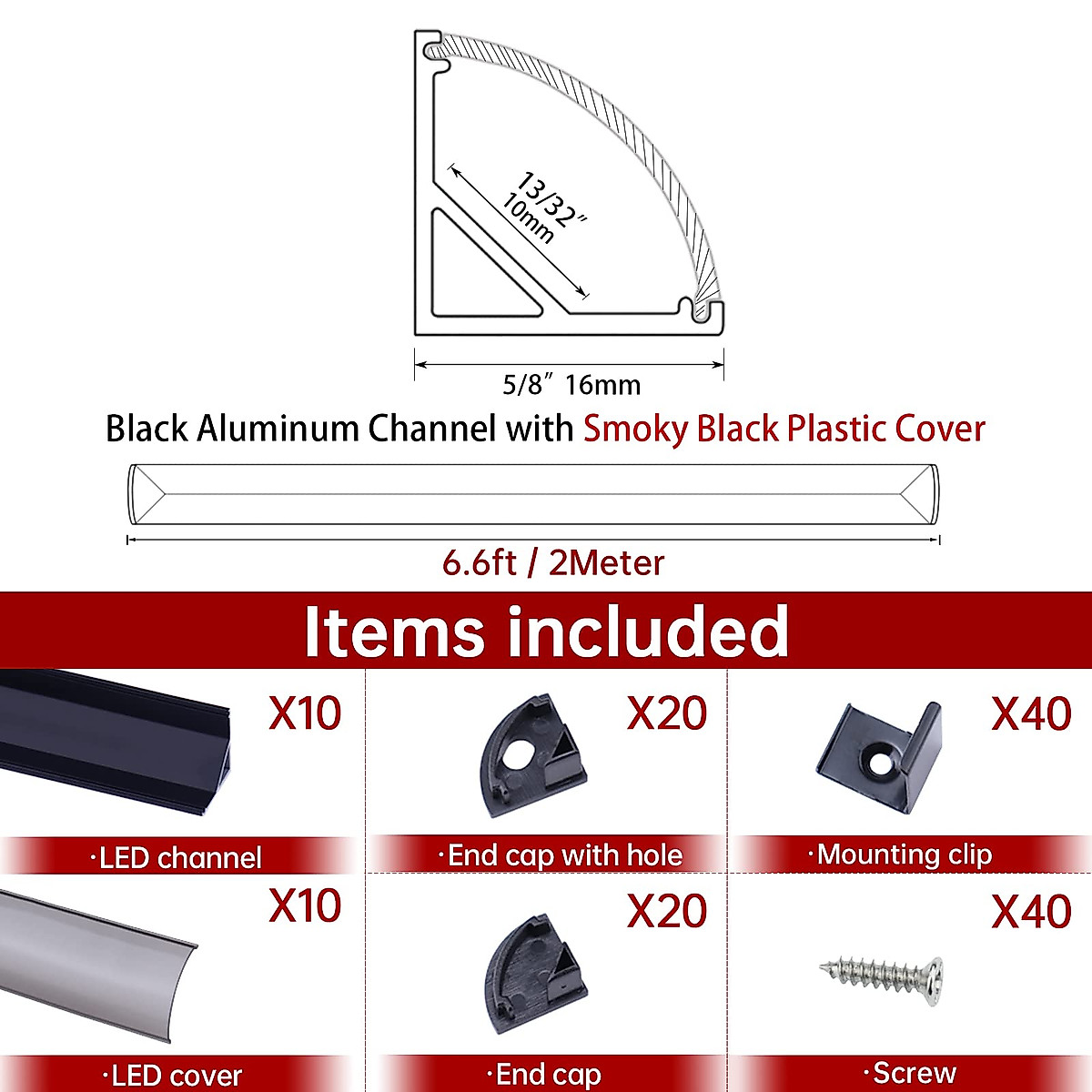 Muzata 10Pack 6.6FT/2M V-Shape LED Channel System with Transparent Smoky Black Cover Lens, Black Aluminum Extrusion Profile Housing Tape Lights V1SW BB 2M