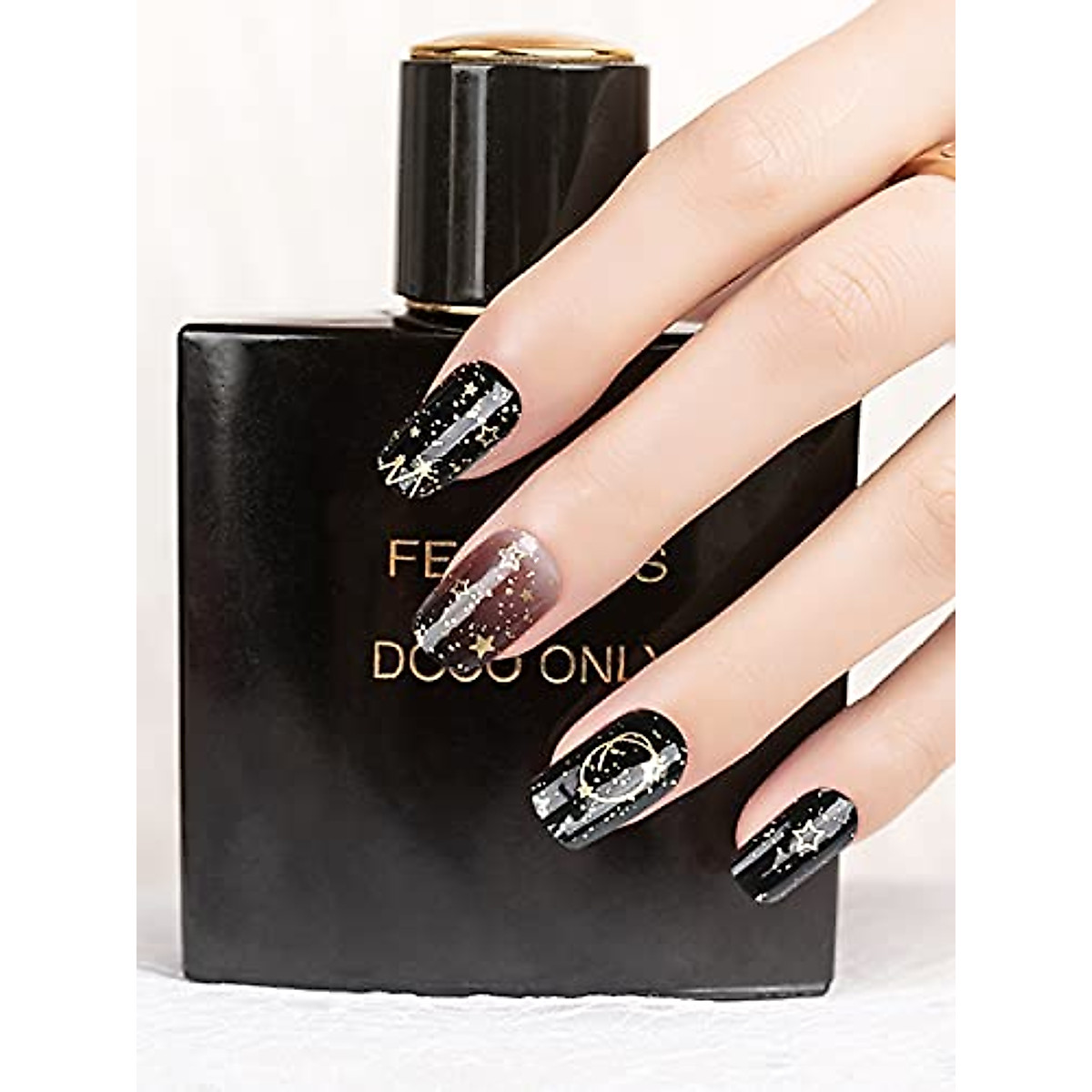 Semi Cured Gel Nail Strips, TOROKOM 20 Stickers Black Star Moon Gel Nail Polish Stickers Wraps Adhesive Gel Nail Stickers with Nail File Stick and Sealing Strip (UV/LED Lamp Required)