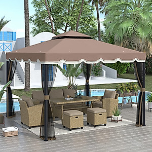 9.8' X 9.8' Patio Gazebo with Mosquito Netting, Outdoor Canopy with Screen, Gazebo Tent with Double Roofs for Party BBQ Grill Event, Brown