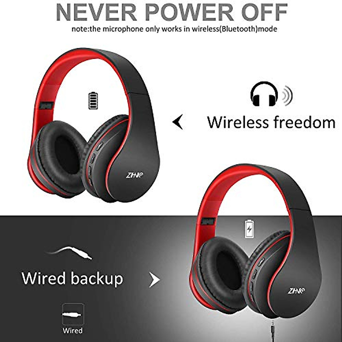 ZIHNIC 3 Items,1 Black Blue Over-Ear Wireless Headset Bundle with 1 Black Red Over-Ear Wireless Headset and 1 Black Green Foldable Wireless Headset