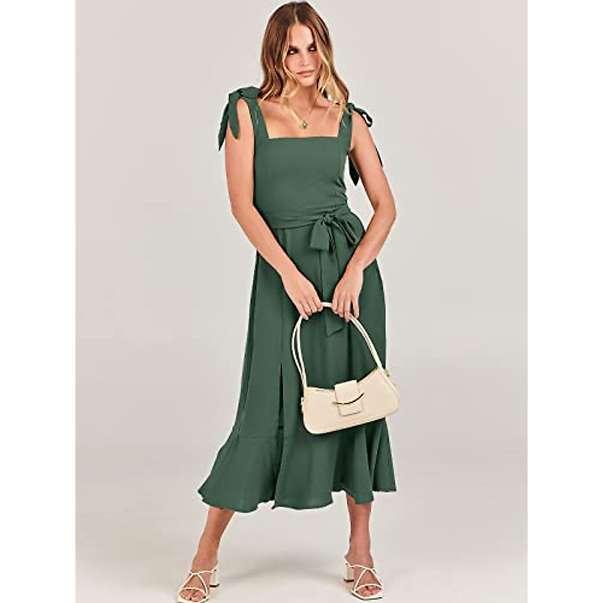ANRABESS Women's Elegant Bridesmaid Dresses Square Neck Ruffle Split Midi Formal Dress for Wedding Guest Cocktail Party 2023 Gradution Prom Evening Night Dresses 893shenlv-L Green