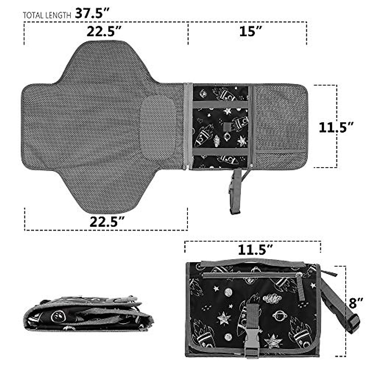 TILLYOU Portable Changing Pad, Baby Travel Changing Pad for Diaper Bag, Diaper Changing Mat with Foam Head Pillow and Extra Pockets, Baby Stuff for Newborn, Baby Shower Gifts (Star Rocket)