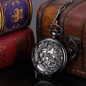 SIBOSUN Mechanical Pocket Watches Mens Lucky Phoenix and Dragon Skeleton Pocket Watch Black Antique Roman Numerals Box