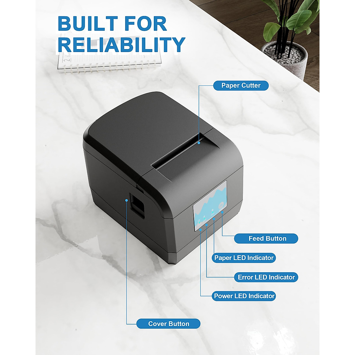 ZYWELL Thermal Receipt Printer, ZY908 Pos Printer, 80mm Direct Thermal, USB Ethernet Port, Support Windows/Mac/Android,No Square
