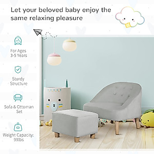 Qaba Kids Sofa Set, Toddler Chair, Sofa & Ottoman for Bedroom, Playroom, Children's Couch for 3-5 Years, Grey