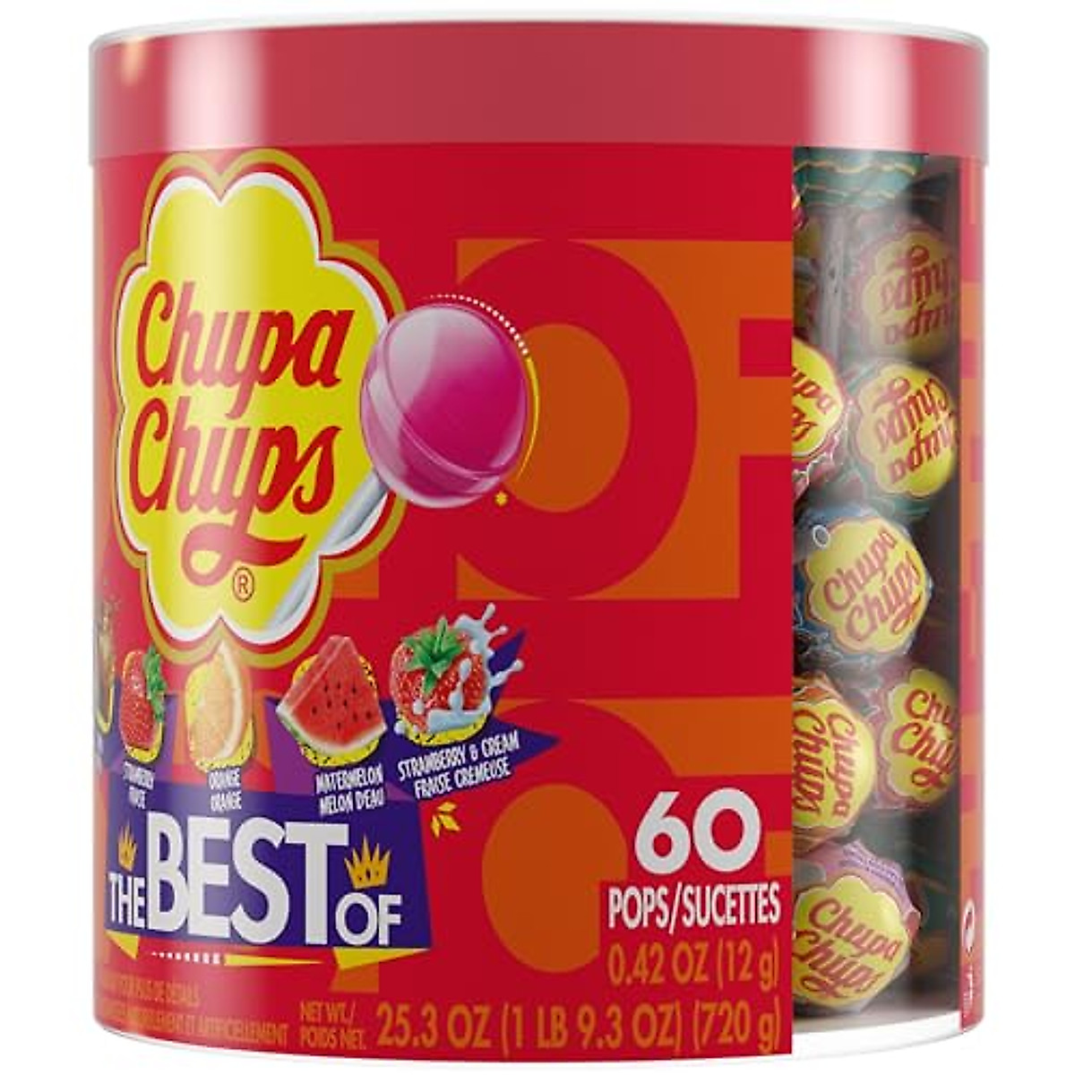 Chupa Chups Candy Lollipops, 5 Assorted Flavors, Drum Display for Parties Office Concessions, 60 Count Drum(Pack of 1)
