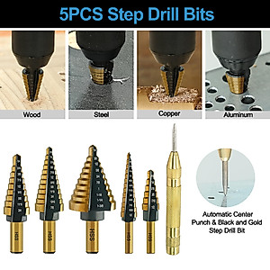 GMTOOLS 28Pcs Woodworking Chamfer Drilling Tools-Countersink Bit, Step Drill Bit Set, Wood Plug Cutter Drill Bit Set (2 Styles), 5-Flute Countersink Drill Bit, Positioning Punch and 1pc Hex Wrench