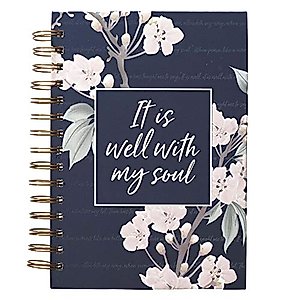 Inspirational Spiral Journal Notebook for Women It is Well Navy Blue Floral Wire Bound w/192 Ruled Pages, Large Hardcover, With Love