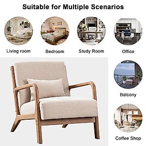 ANJ Modern Arm Chair, Mid-Century Modern Accent Chair Upholstered Lounge Chair with Pillow and Solid Wood Frame, Linen Fabric Comfy Chairs for Living Room