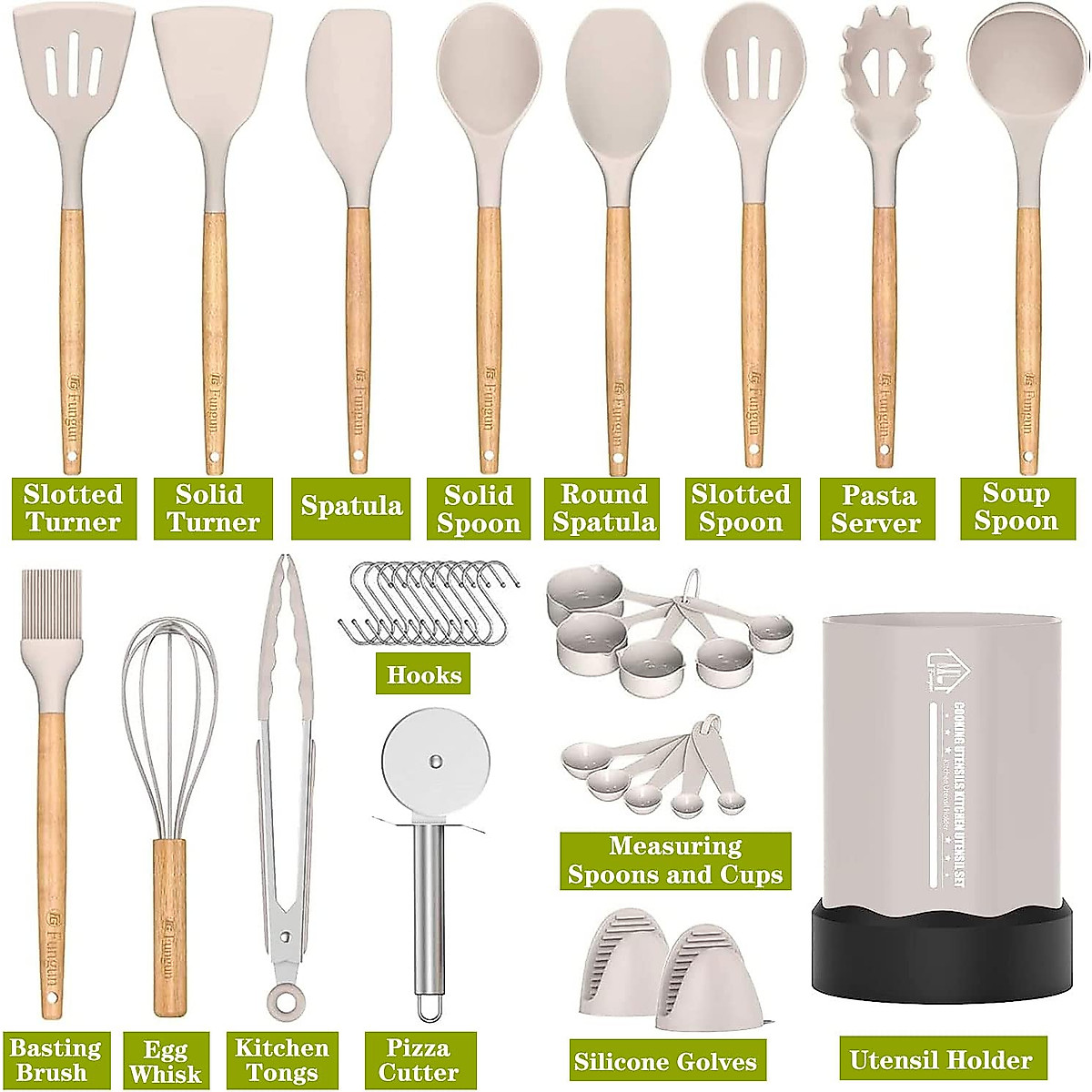 Kitchen Cooking Utensil Set, Fungun 35 pcs Cooking Utensils - Nonstick Kitchen Utensils Cookware Set Spatula Set -Kitchen Gadgets Utensils Set, Kitchen Tools Gift-khaki