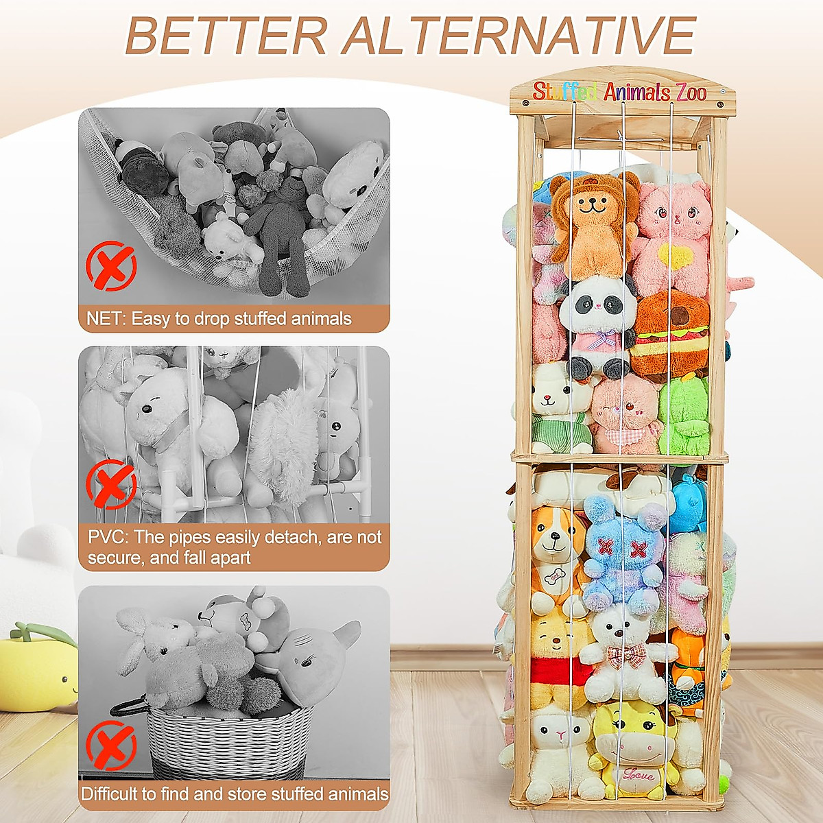 Basumee Stuffed Animals Storage Zoo with LED Light Large Wood Kids Toy Storage Organizer Holder for Stuffed Animals Girls Boys Nursery Room Bedrooms Stuff Animals Organizer