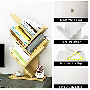 QUMENEY Tree Bookshelf, 5 Shelf Display Bookcase,Tree Bookcase for Books/CDs/Albums/Files Holder, Free Standing Book Shelves Organizer for Office，Bedroom, Living Room (Light Walnut)