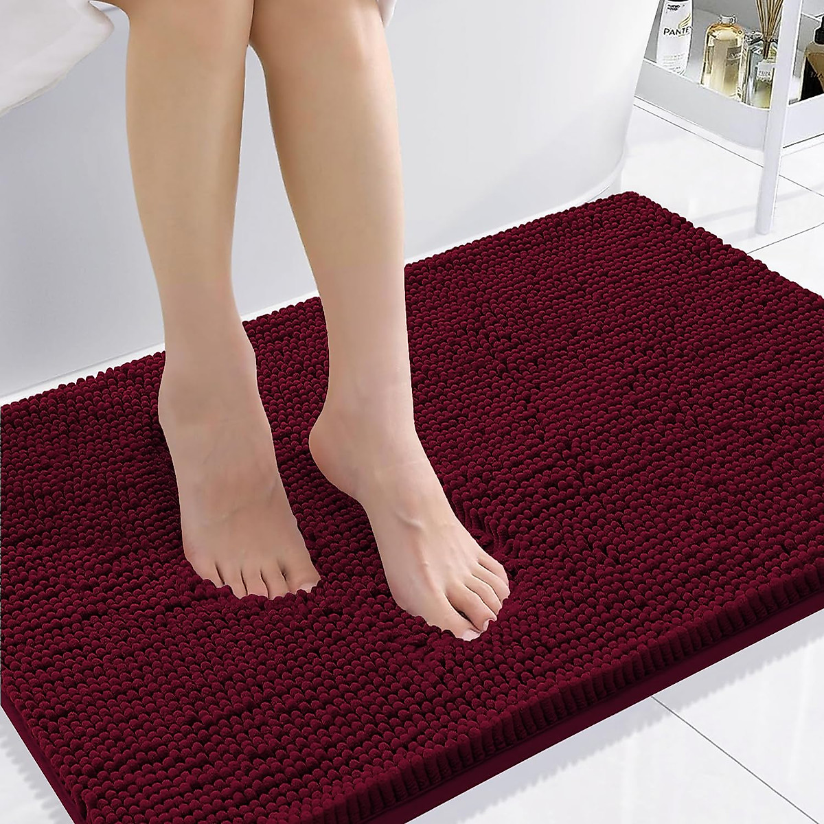 Smiry Luxury Chenille Bathroom Rugs 36x24, Extra Soft and Absorbent Shaggy Bath Mat, Machine Washable, Non-Slip Plush Carpet Runner for Tub, Shower, and Floor, Home Decor Accessories, Burgundy