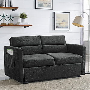 ROCKINGRUN 3 in 1 Sleeper Sofa Couch Bed, Chenille Tufted Pull Out Sofa Bed Convertible Loveseat Futon Sofa with Adjustable Backrest, Side Pocket and 2 Throw Pillows, for Living Room Bedroom (Black)