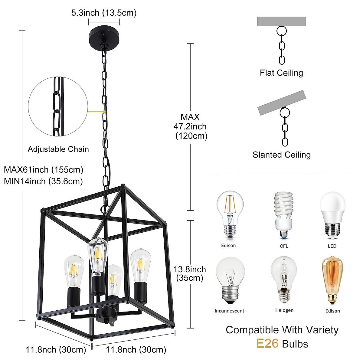 GZDEZCL 4-Light Black Farmhouse Chandelier Light Fixture Rustic Lantern Pendant Light Industrial Cage Hanging Lights for Kitchen Island Foyer Entryway Dining Room Hallway