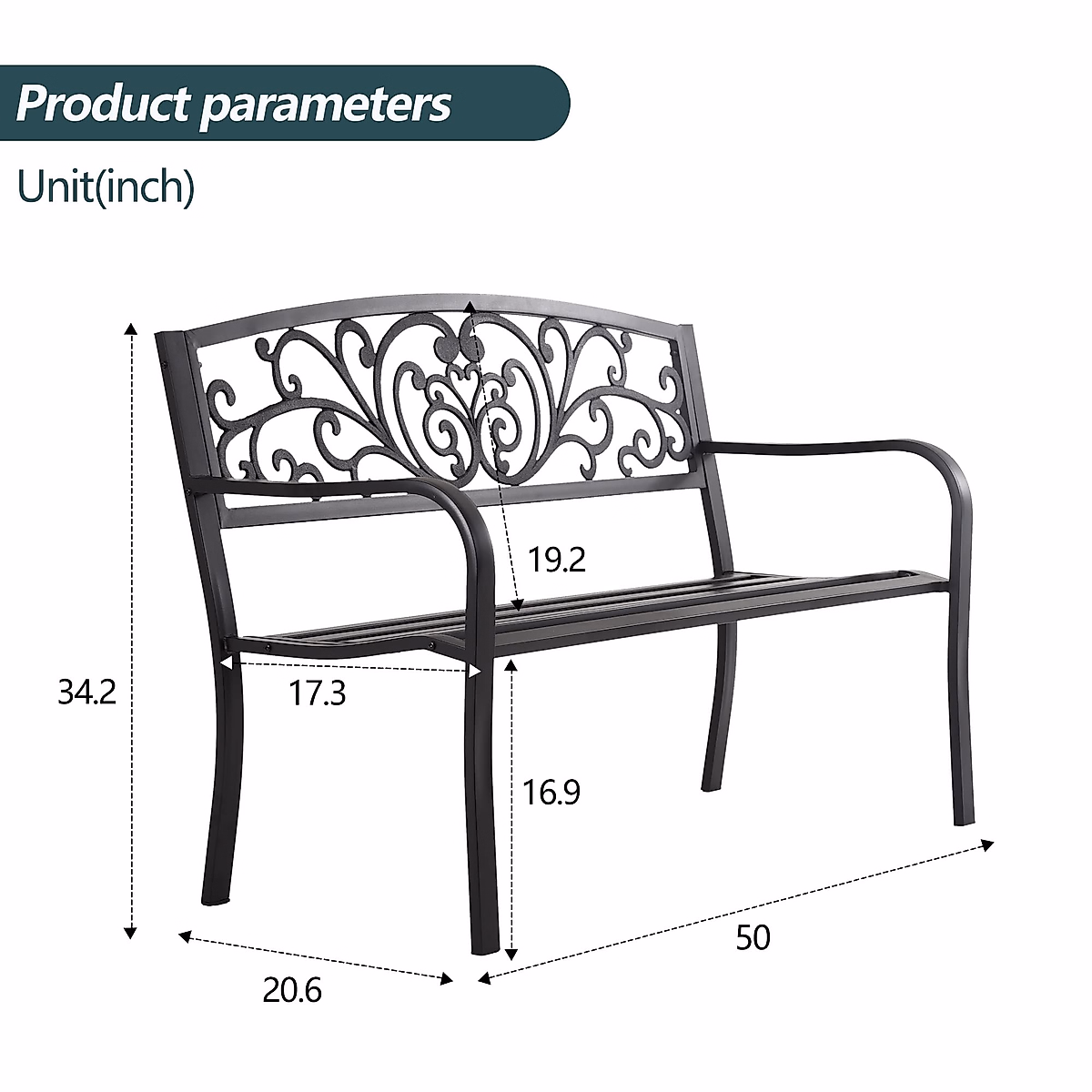 Ruesleag Garden Bench,Outdoor Bench Metal Bench Patio Porch Furniture with Sturdy Steel Frame for Lawn Park Deck Black