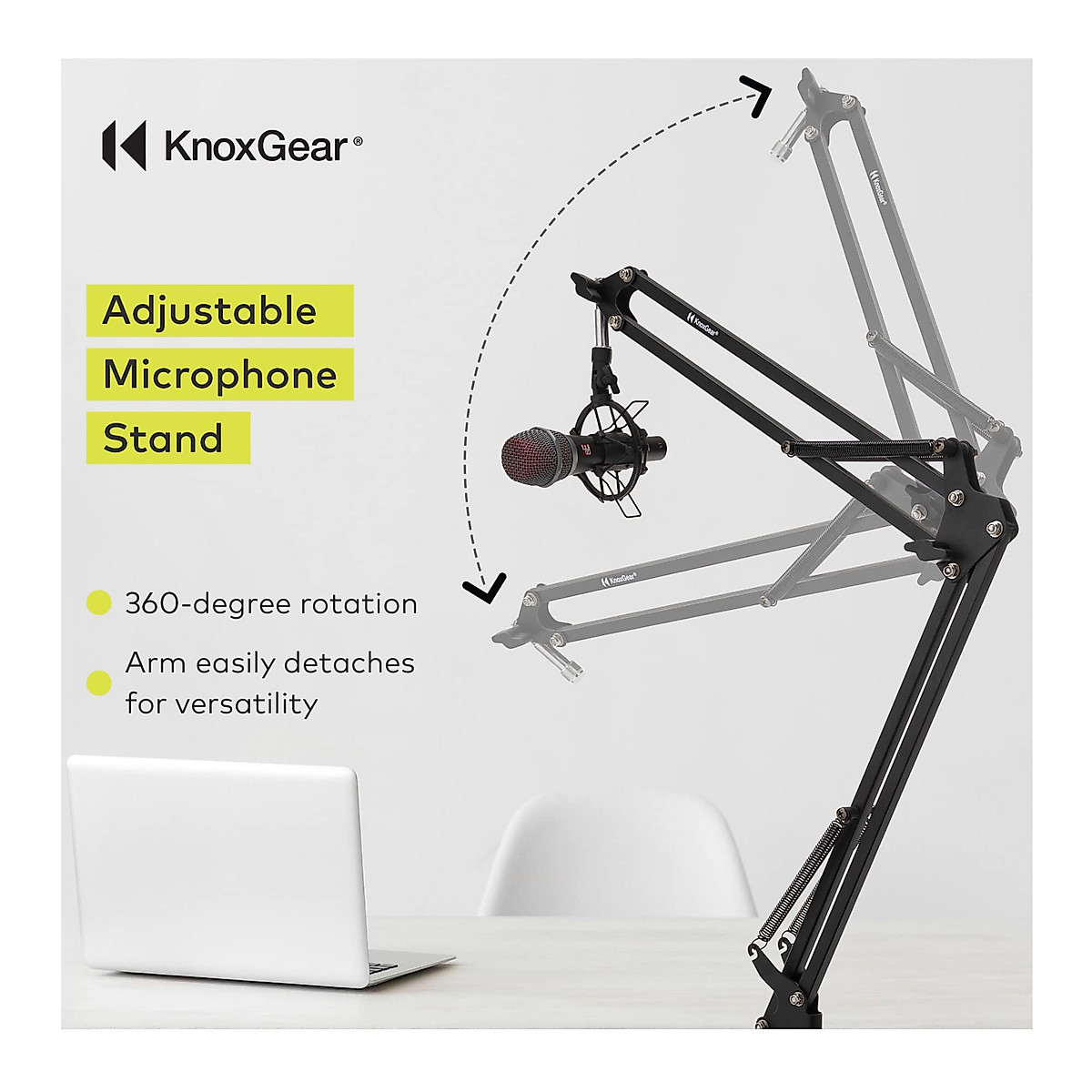 Knox Gear Boom Arm Microphone Stand for Podcasts, Studio Recording, Radio Broadcast, and Gaming, Microphone Desk Stand with 360-degree Rotation, Black Microphone Stand with 5/8-inch Screw Adapter