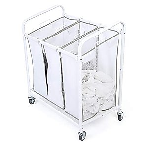 Smart Design Premium Rolling 3 Compartment Mesh Laundry Sorter Hamper w/Wheels & Handles - Steel Metal Frame - VentilAir Fabric Design - Clothes & Laundry - Home Organization (Holds 9 Loads) [White]