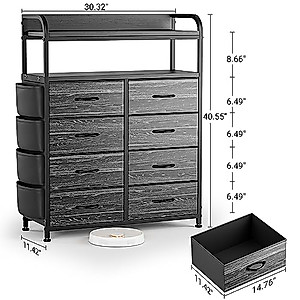 Lulive 8 Drawer Dresser with Shelves, Chest of Drawers for Bedroom with Side Pockets and Hooks Fabric Storage Tower Organizer for Nursery Hallway, Closet, Wood Top (Charcoal Black), (Dressers-HI1349)