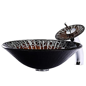 Bathroom Vessel Sink Vanity Tempered Glass Vessel Bowl Sink Round Countertop Sink Bowl with Faucet and Drain Combo Above Counter Sink, Brown with Silver Pattern