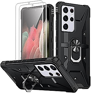 AKINIK for S21 Ultra Case, Samsung Galaxy S21 Ultra Case with Self Healing Flexible TPU Screen Protector 2 Pack, Military Grade Double Shockproof with Kickstand Case for Galaxy S21 Ultra (Black)