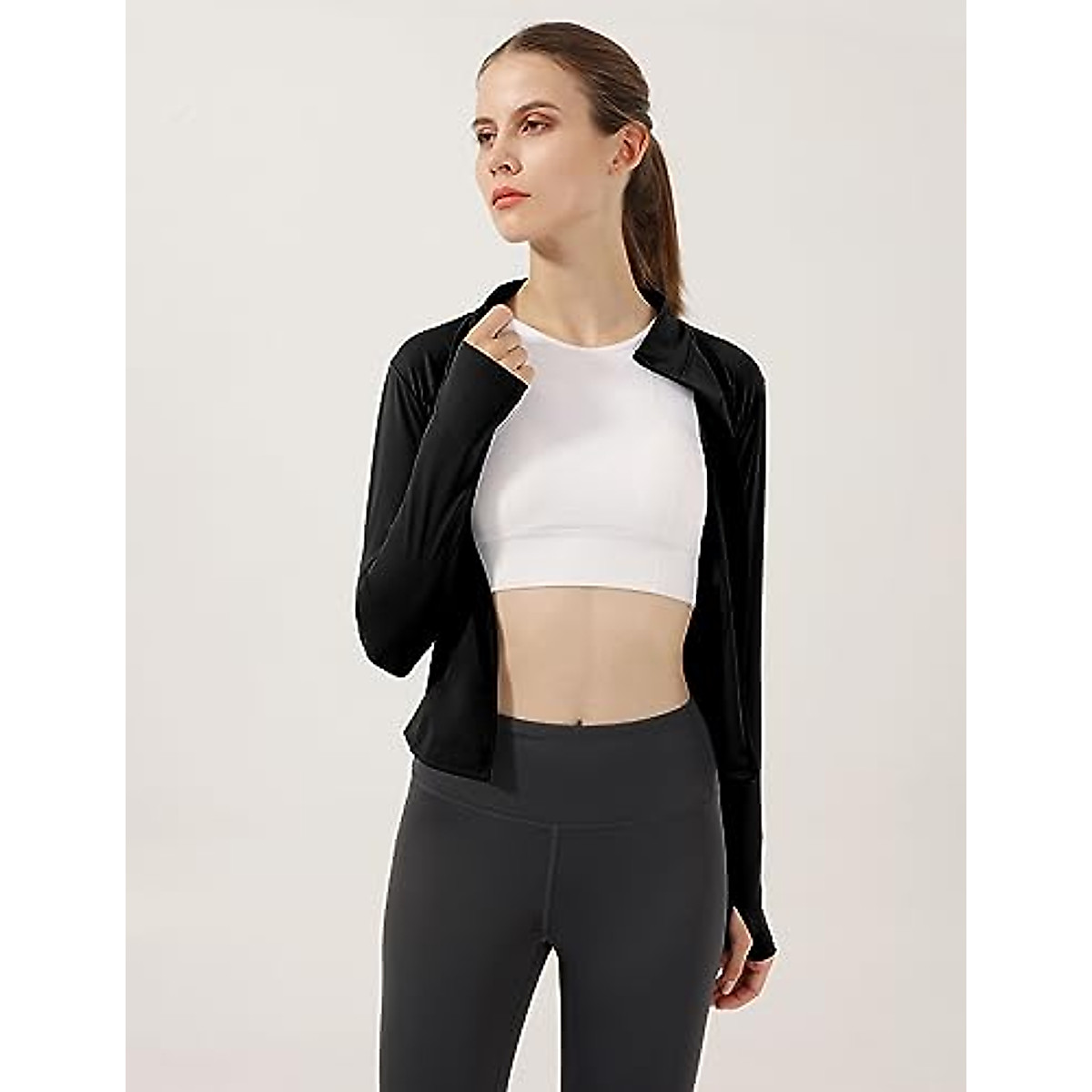 Locachy Women's Lightweight Stretchy Workout Full Zip Running Track Jacket with Thumb Holes Black M