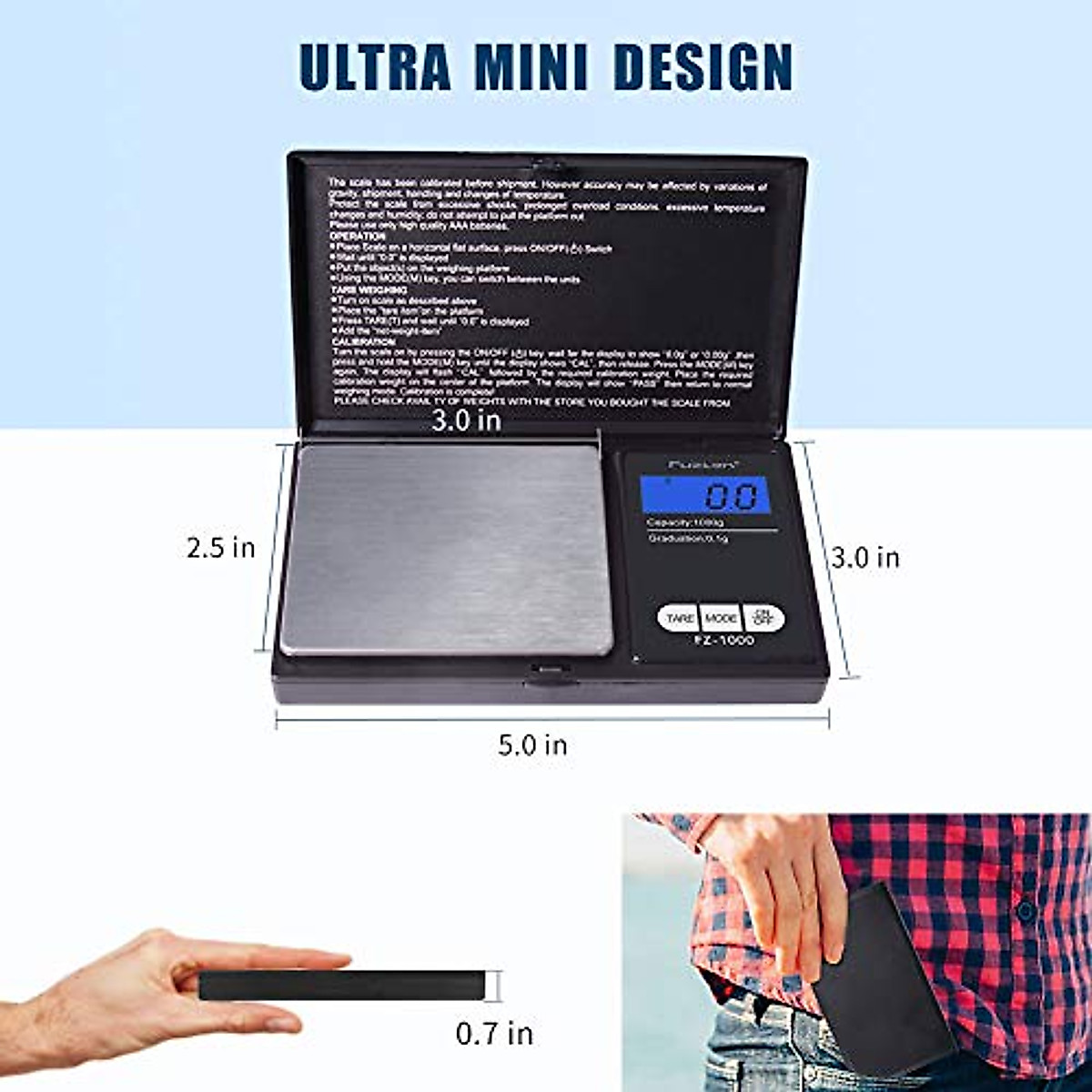 𝗙𝘂𝘇𝗶𝗼𝗻 Digital Pocket Scale 1000g/0.1g, Small Digital Scales Grams and Ounces, Herb Scale, Jewelry Scale, Portable Travel Food Scale( Battery Included )