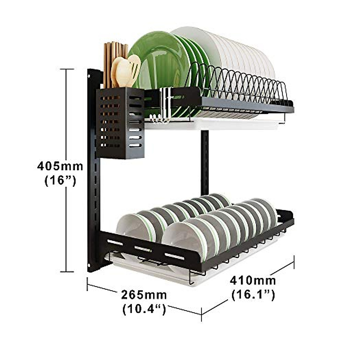 Kitchen Dish Rack,Hanging Drying Plate Organizer Storage Shelf over the Sink,junyuan 2 Tier Wall Mount Bowl Holder with Drain Tray With 3 Hooks,Stainless Steel Black Coating (2 Tier, 16)