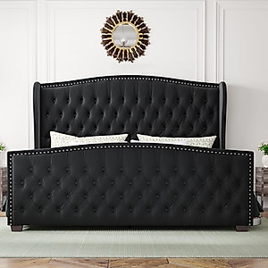 LUXOAK King Platform Bed Frame with Wingback Headboard, Velvet Upholstered Bed Frame with Handmade Button Tufted & Nailhead, Wooden Slats Support, Black