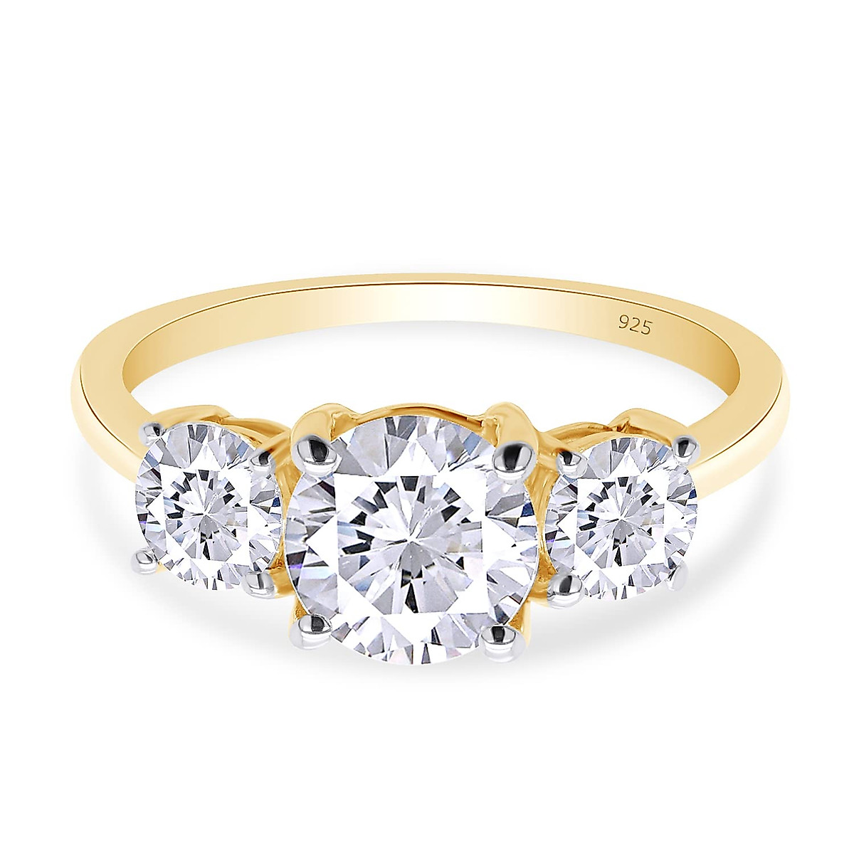 SAVEARTH DIAMONDS 1.6 Carats Round Lab Created Moissanite Diamond Three Stone Promise Ring for Women 18K Yellow Gold Plated 925 Sterling Silver with Certificate of Authenticity Size-8