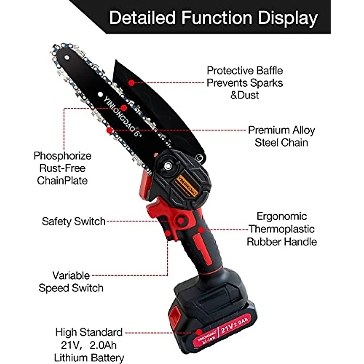 Mini Chainsaw Cordless 6-Inch with 2 Battery, YINLONGDAO Electric Compact Chain Saw with Brushless motor, Handheld Chain Saw Pruning Shears Chainsaw for Courtyard, Tree Branches, Household and Garden
