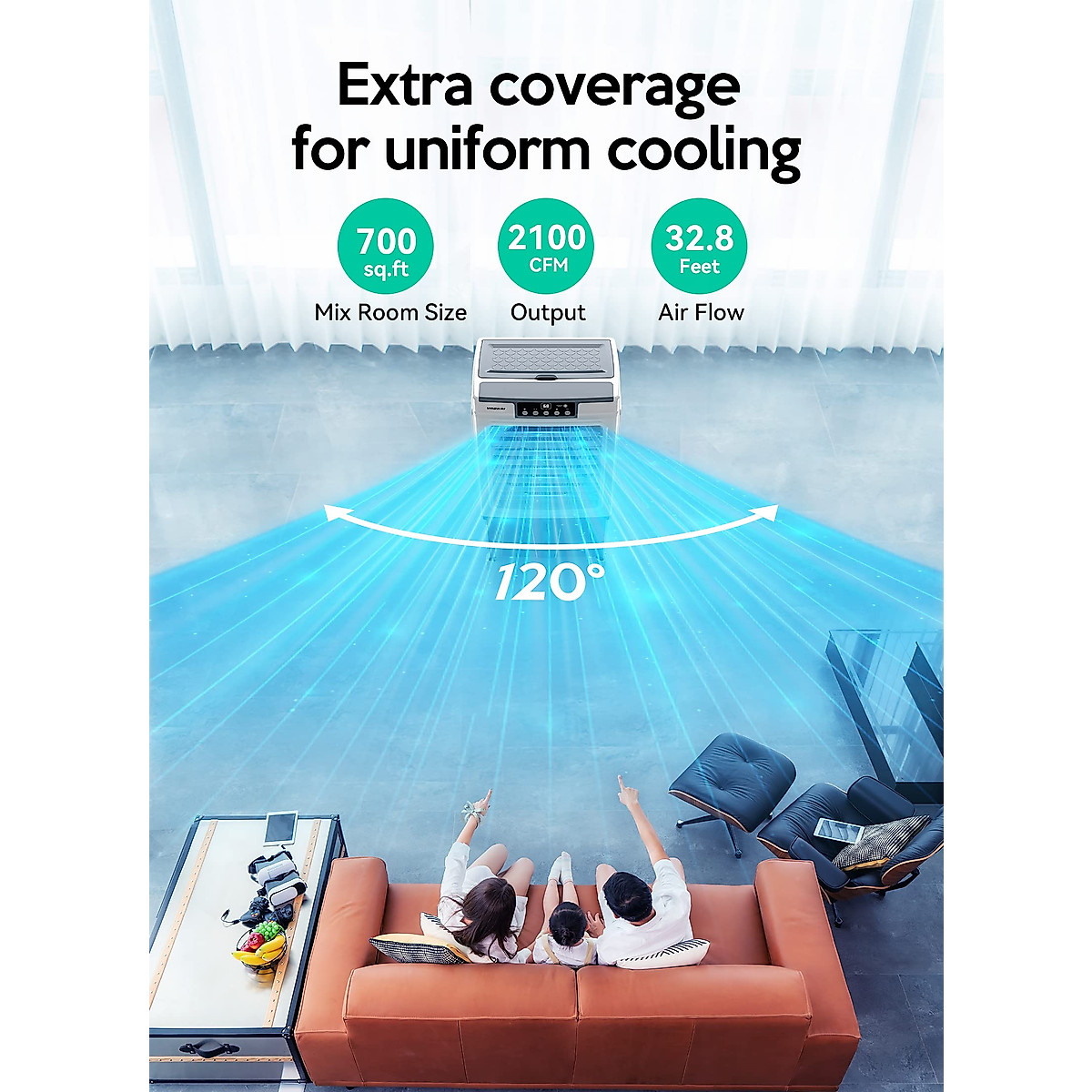 Evaporative Cooler, VAGKRI 2100CFM Air Cooler, 120°Oscillation Swamp Cooler with Remote Control, 24H Timer, 3 Wind Speeds for Outdoor Indoor Use,8 Gallon