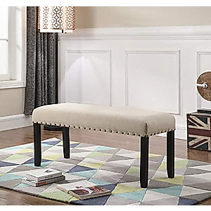 Roundhill Furniture Biony Tan Fabric Dining Chairs with Nailhead Trim, Set of 2 & Biony Fabric Dining Bench with Nailhead Trim, Tan