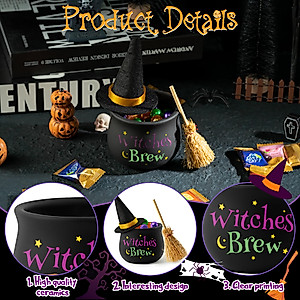 WATINC Halloween Witches Brew Candy Dish Mini Witches Cauldron Ceramic Candy Bowl Tiered Tray Decor, Trick or Treat Broomstick Snack Serving Bowl Decoration, Candy Bucket for Halloween Wizard Party