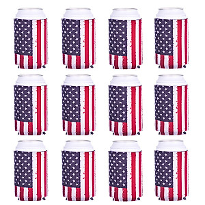 Can Cooler Sleeve 12pcs USA Flag Can Coolers Bulk Neoprene for Can and Bottle 120z