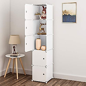 Aeitc Cube Organizer 5-Cube (11.8inx11.8in) Narrow Cabinet Closet Storage Shelves Plastic Storage Shelving for Bedroom, Living Room, Office, White with Doors