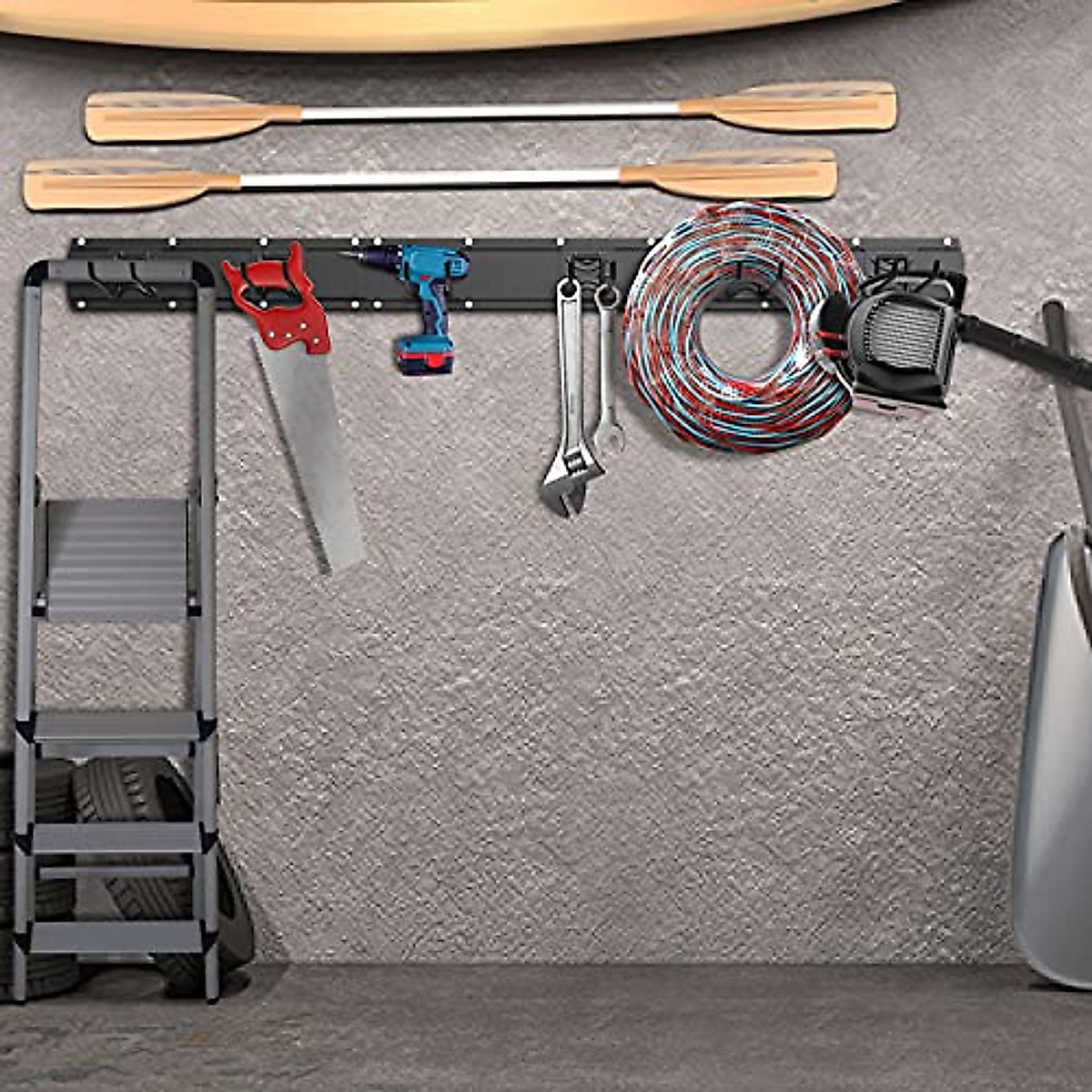 Housolution Heavy Duty Tool Storage Rack 48 Inch Garage Tool Organizer Storage System Max 264 lbs, 3 Rails with 6 Adjustable Wall Hooks, Tool Holder Wall Mount for Warehouse, Basement, Workshop